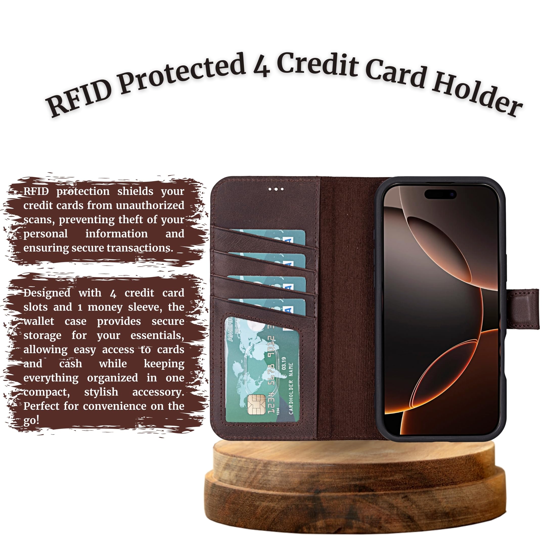 VENOULT Detachable Leather Wallet Case for iPhone 15 Pro, Man or Women Folio Cover, Compatible with Magsafe, RFID, Genuine Leather Card Holder Flip Case, Kick Stand (Chocolate Brown)