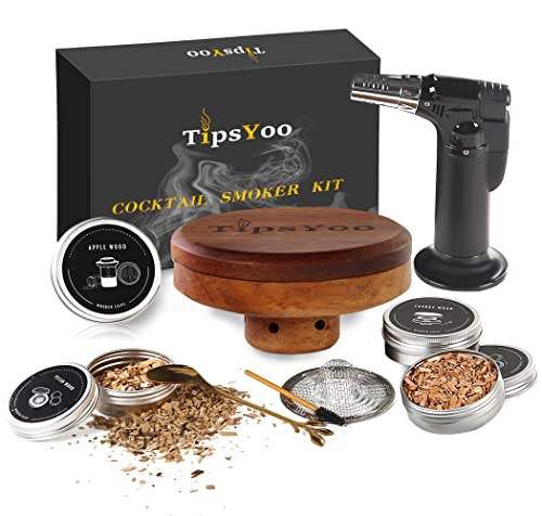 Tipsyoo Cocktail Smoker Kit with Torch Drink Smoker Old Fashioned Smoker Kit for Whiskey Bourbon Wine 4 Flavors Wood Chips Cherry Pecan Apple Oak Glass Infuser Kit Household Party Gifts for Men (No Butane)