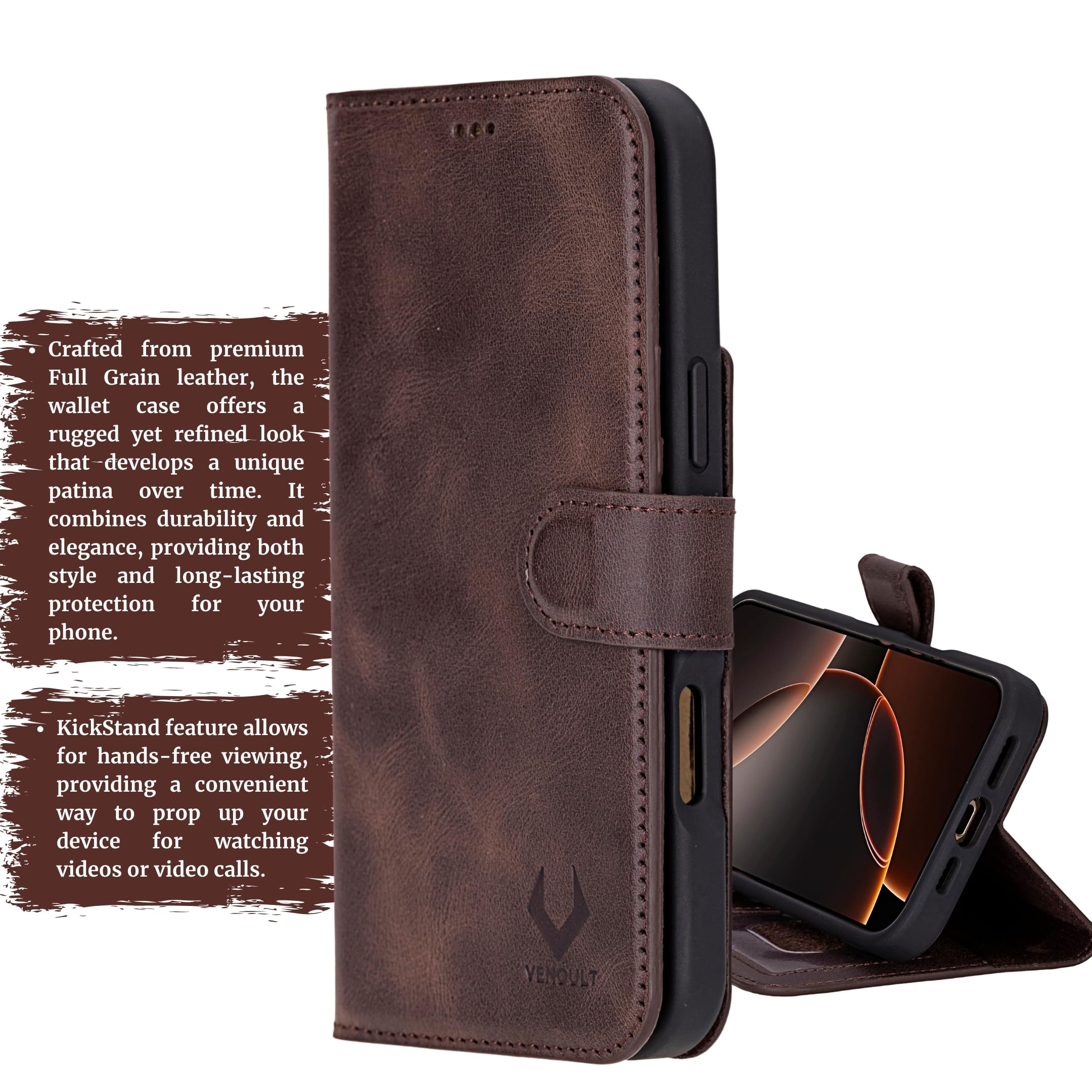 VENOULT Detachable Leather Wallet Case for iPhone 15 Pro, Man or Women Folio Cover, Compatible with Magsafe, RFID, Genuine Leather Card Holder Flip Case, Kick Stand (Chocolate Brown)