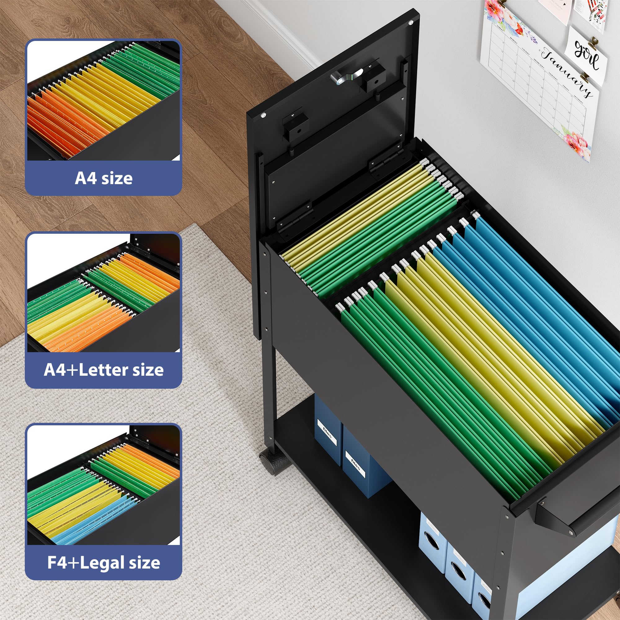NODHM Metal Mobile File Cabinet, Rolling File Cart File Box with Sliding Cover and Wheels, Rolling Filing Cabinet Locking Tool Storage Cabinets for Home Classroom Office