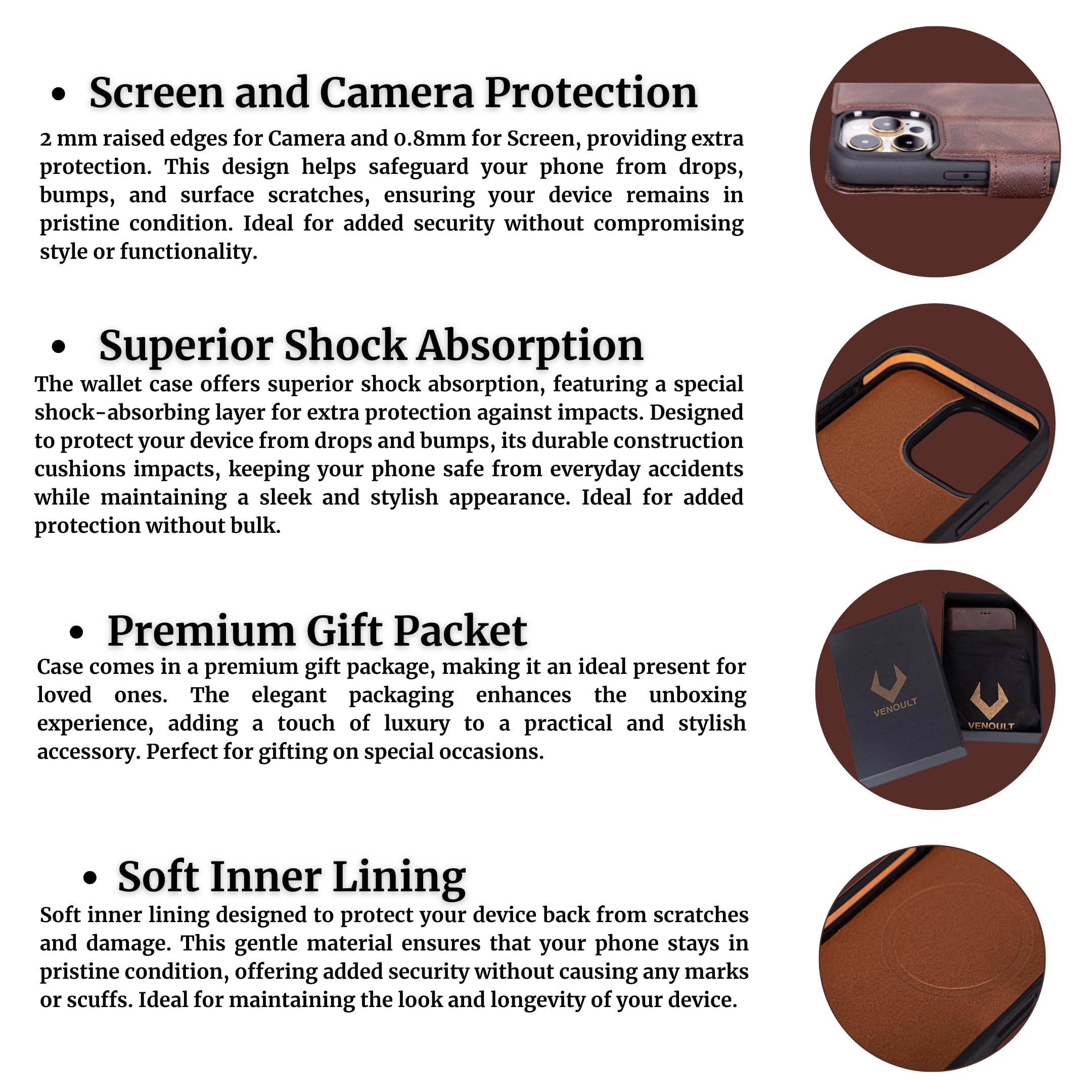 VENOULT Detachable Leather Wallet Case for iPhone 15 Pro, Man or Women Folio Cover, Compatible with Magsafe, RFID, Genuine Leather Card Holder Flip Case, Kick Stand (Chocolate Brown)