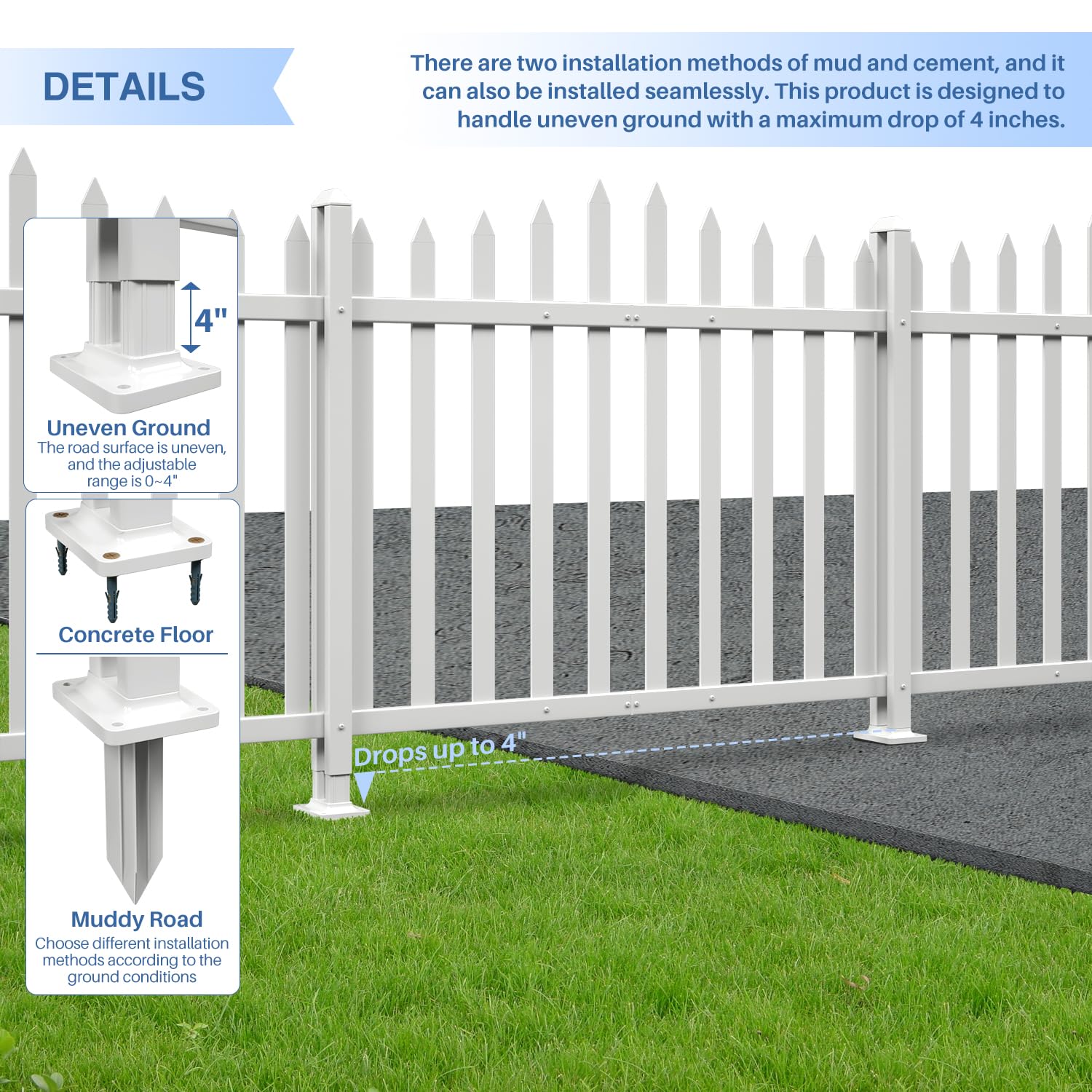 E&K 36"H x 84"W Vinyl White Picket Fence Panels Decorative Fencing for Front Porch Yard Garden Pool (20 Pickets, Scallop)