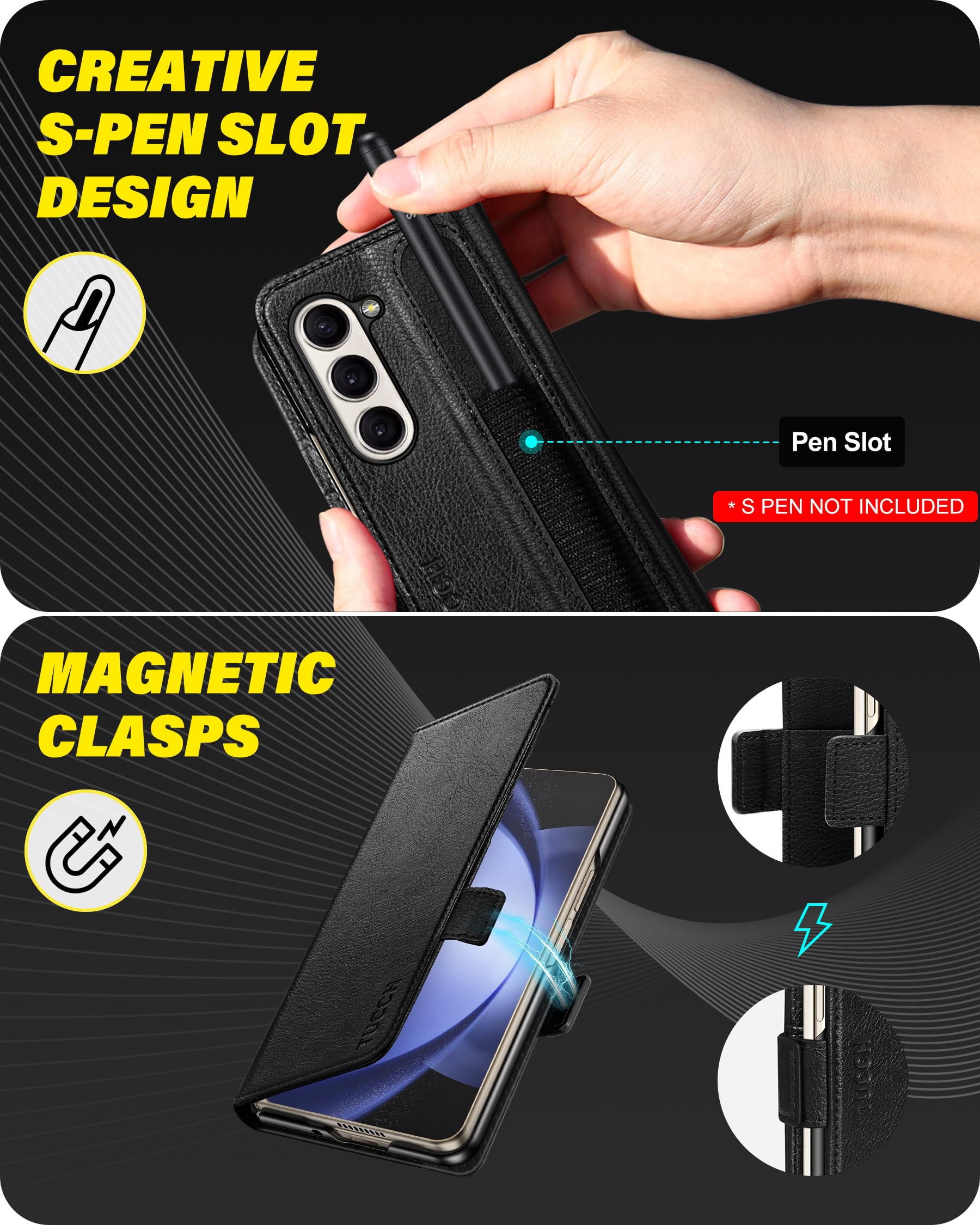 TUCCH Wallet Case for Galaxy Z Fold 5, Shockproof PU Leather Case with S Pen Holder RFID Blocking [Kickstand]Card Slot, PC Shell Flip Cover Compatible with Galaxy Z Fold5 5G 7.6" 2023, Textured Black