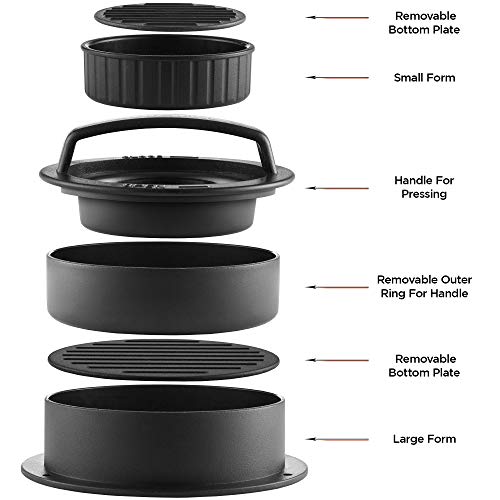 Pure Grill 3-in-1 Burger Press - Patty Maker with 100 Wax Papers for BBQ Grilling Stuffed Hamburgers, Beef Patties, and Sliders