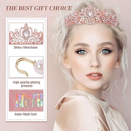 LMJUNZZ Rose Gold Birthday Princess Sash and Crown Set, Adjustable Glitter Sash Rhinestone Crown, Brooch, for Girls' Birthday Decorations