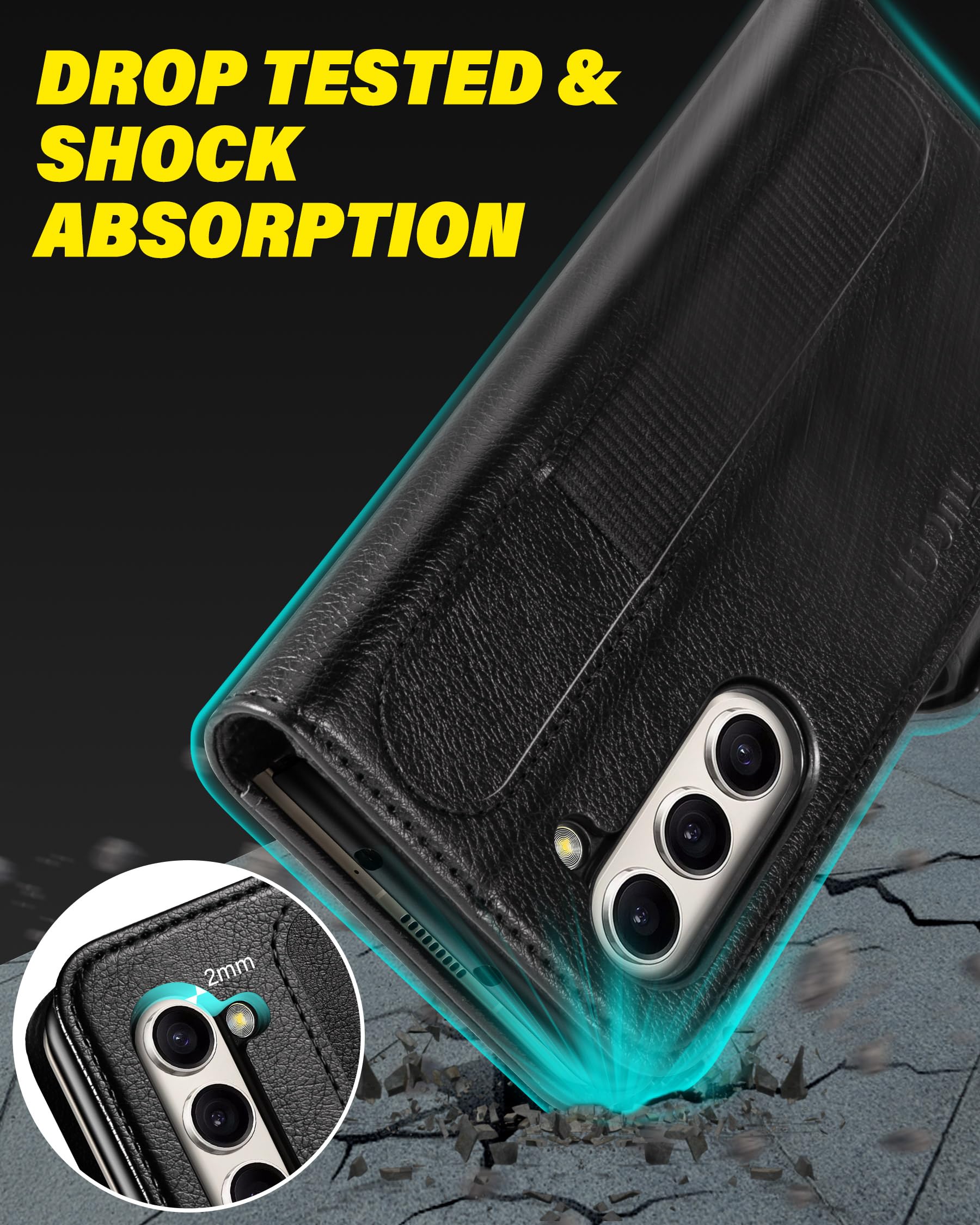 TUCCH Wallet Case for Galaxy Z Fold 5, Shockproof PU Leather Case with S Pen Holder RFID Blocking [Kickstand]Card Slot, PC Shell Flip Cover Compatible with Galaxy Z Fold5 5G 7.6" 2023, Textured Black