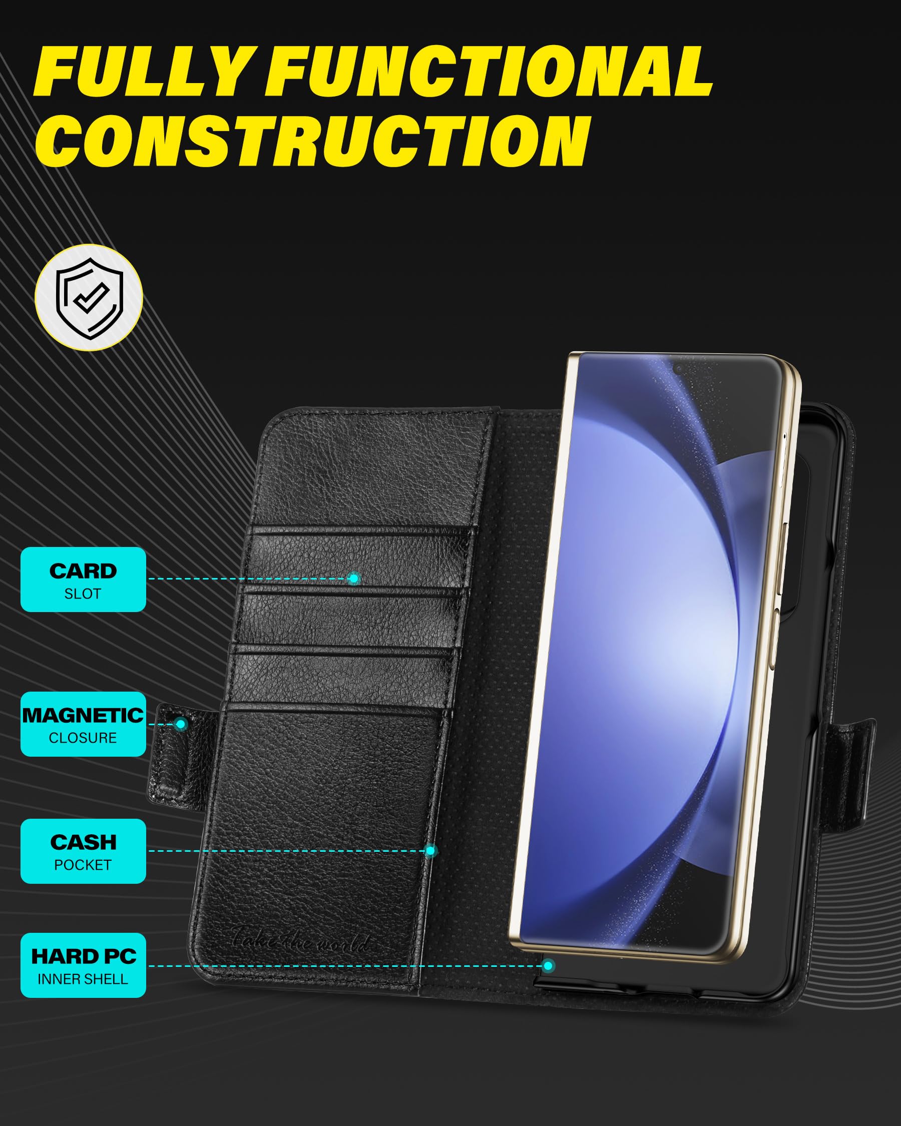 TUCCH Wallet Case for Galaxy Z Fold 5, Shockproof PU Leather Case with S Pen Holder RFID Blocking [Kickstand]Card Slot, PC Shell Flip Cover Compatible with Galaxy Z Fold5 5G 7.6" 2023, Textured Black