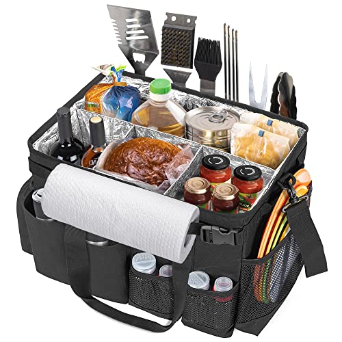 HODRANT Large Grill Utensil Caddy with Paper Towel Holder, Collapsible Picnic Bag Organizer for BBQ Supplies, Tailgating Accessory Basket Camping Gear Must Haves for Cook Essentials, Black, Bag Only