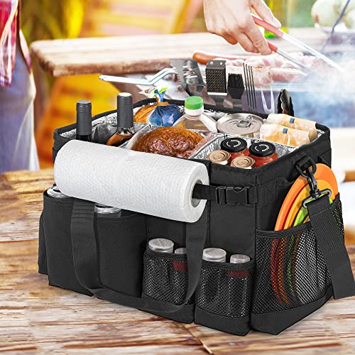 HODRANT Large Grill Utensil Caddy with Paper Towel Holder, Collapsible Picnic Bag Organizer for BBQ Supplies, Tailgating Accessory Basket Camping Gear Must Haves for Cook Essentials, Black, Bag Only