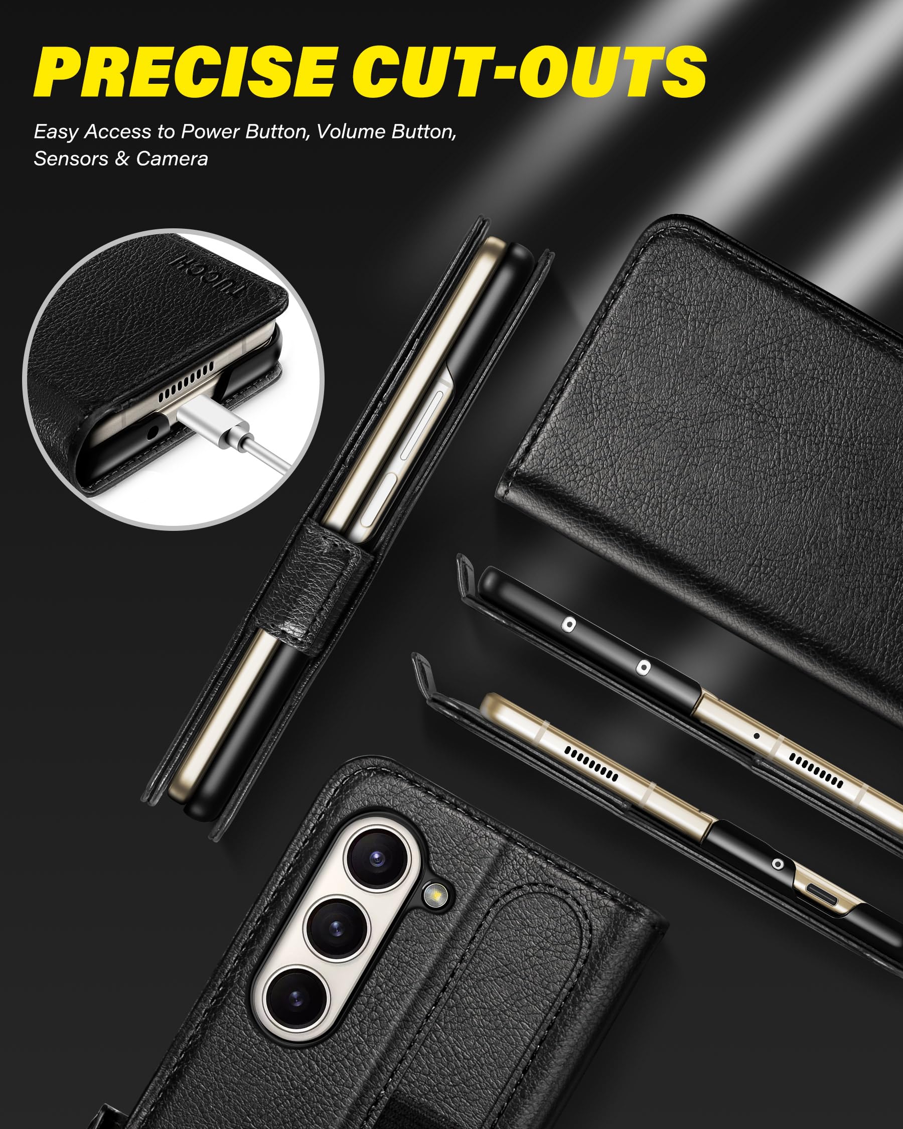 TUCCH Wallet Case for Galaxy Z Fold 5, Shockproof PU Leather Case with S Pen Holder RFID Blocking [Kickstand]Card Slot, PC Shell Flip Cover Compatible with Galaxy Z Fold5 5G 7.6" 2023, Textured Black