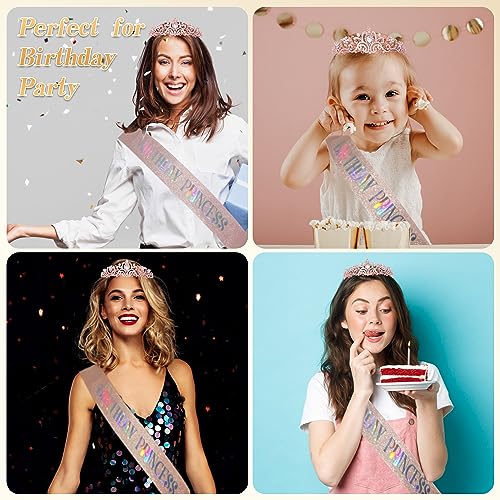 LMJUNZZ Rose Gold Birthday Princess Sash and Crown Set, Adjustable Glitter Sash Rhinestone Crown, Brooch, for Girls' Birthday Decorations