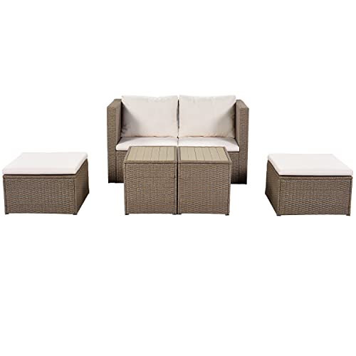 Merax Outdoor Patio Furniture Sets, PE Wicker Rattan Garden Conversation Sofa Couch with 2 Tea Tables, 6-Piece, Brown