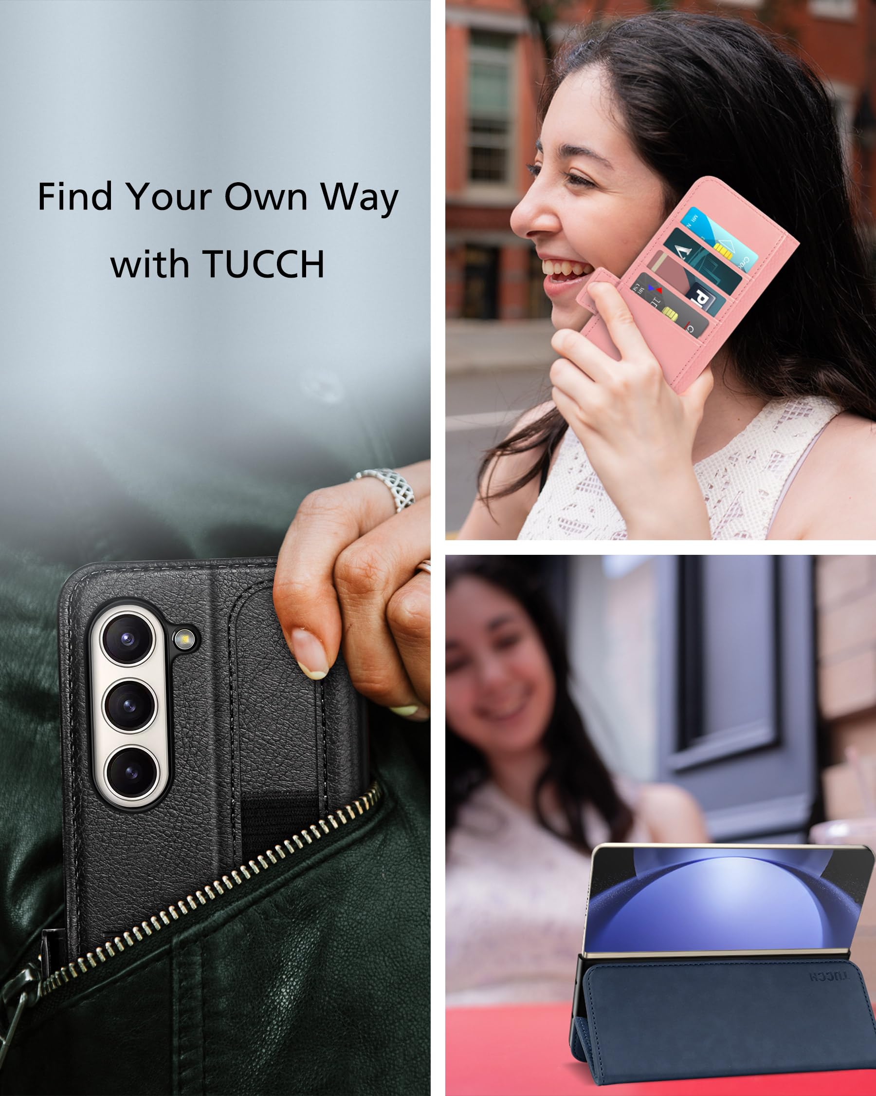 TUCCH Wallet Case for Galaxy Z Fold 5, Shockproof PU Leather Case with S Pen Holder RFID Blocking [Kickstand]Card Slot, PC Shell Flip Cover Compatible with Galaxy Z Fold5 5G 7.6" 2023, Textured Black