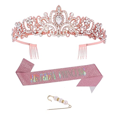 LMJUNZZ Rose Gold Birthday Princess Sash and Crown Set, Adjustable Glitter Sash Rhinestone Crown, Brooch, for Girls' Birthday Decorations