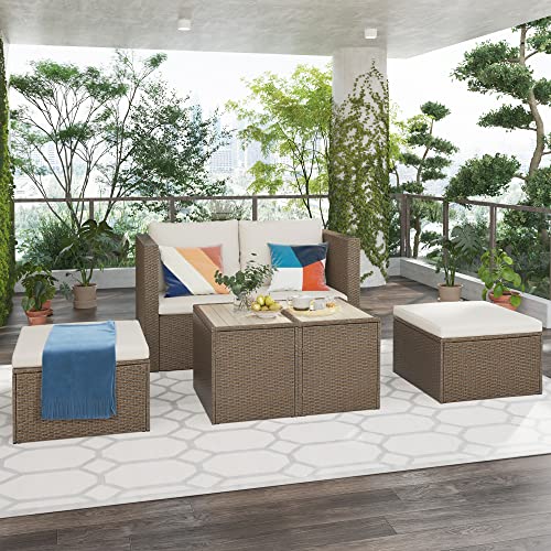 Merax Outdoor Patio Furniture Sets, PE Wicker Rattan Garden Conversation Sofa Couch with 2 Tea Tables, 6-Piece, Brown
