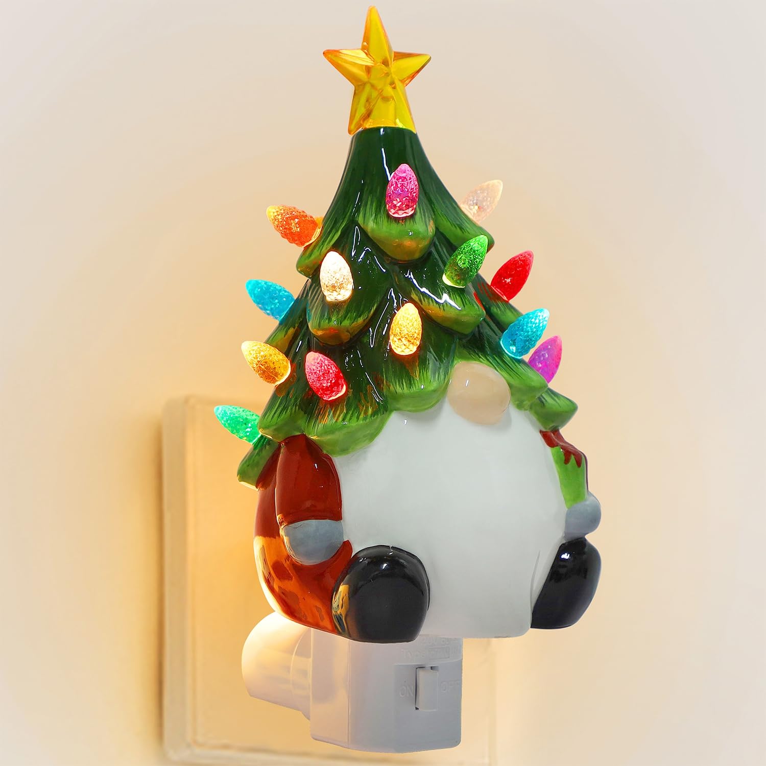 Hausse Christmas Gnome Night Light, Decorative Ceramic Santa Wear Xmas Tree Hat Nightlight for Kids, Multicolor Bulbs & 360 Degree Swivel Plug with On/Off Switch for Home Bathroom Bedroom Decor