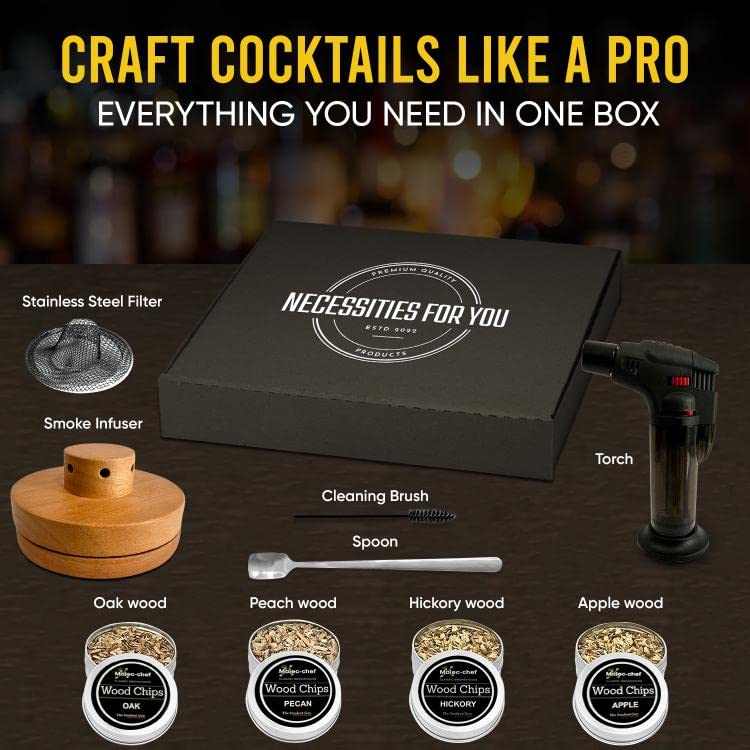 Cocktail Smoker Kit with Torch and 4 Wood Chips, Drink Smoker Infuser Kit | Whiskey Smoker Kit - Bourbon, Old Fashioned Smoker Kit to Infuse Alcoholic Beverages, Cheese, Salads, Meats, Whiskey Gift