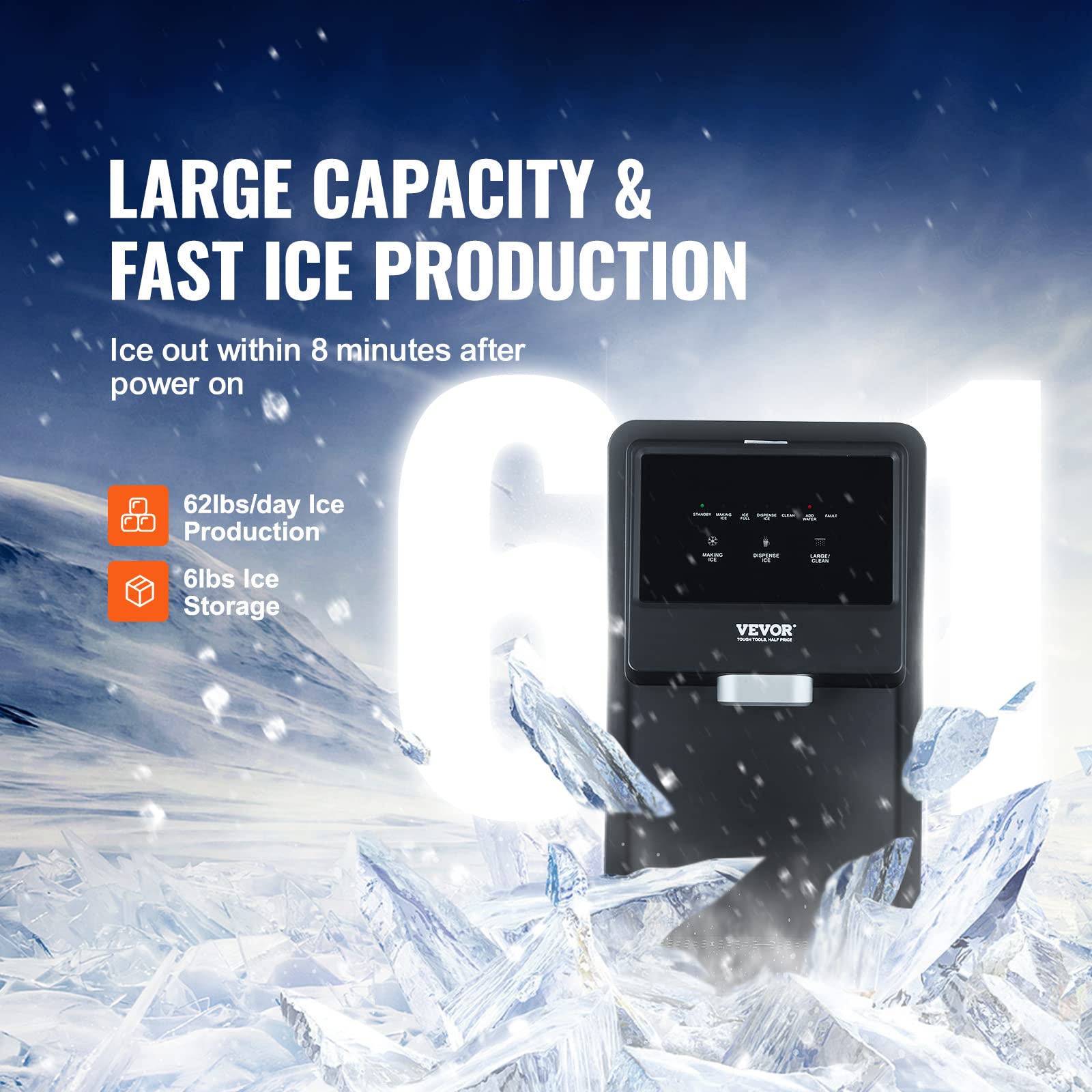VEVOR Nugget Ice Maker, 62lbs in 24 Hours, Auto Dispense Self Cleaning Countertop Nugget Ice Dispenser for Home Kitchen Office Party, 6lbs Storage Capacity, 2 Ice Making Modes