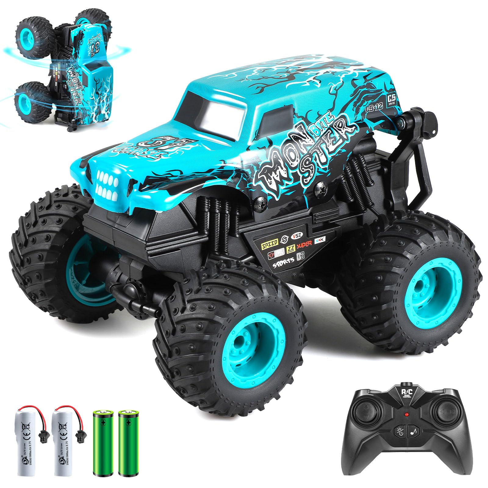 DYODYORC Remote Control Car, 2.4Ghz All Terrain Dinosaur Monster Truck Toys, RC Truck with Music, 3 Lighting Effects, 360 Stunt Capable, All included Ready to Run, Toy Gifts for Boys and Girls (Green)
