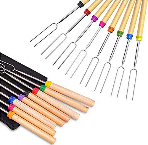 Wonderland Marshmallow Roasting Sticks with Wooden Handle Extendable Forks Set of 8 Pcs Telescoping Smores Skewers for Campfire, Firepit, and Sausage BBQ, 32 Inches