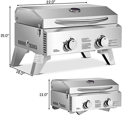 Moccha Stainless Steel Propane TableTop Gas Grill Two-Burner BBQ, with Foldable Leg, 20000 BTU, Perfect For Camping, Picnics or any Outdoor Use, Silver