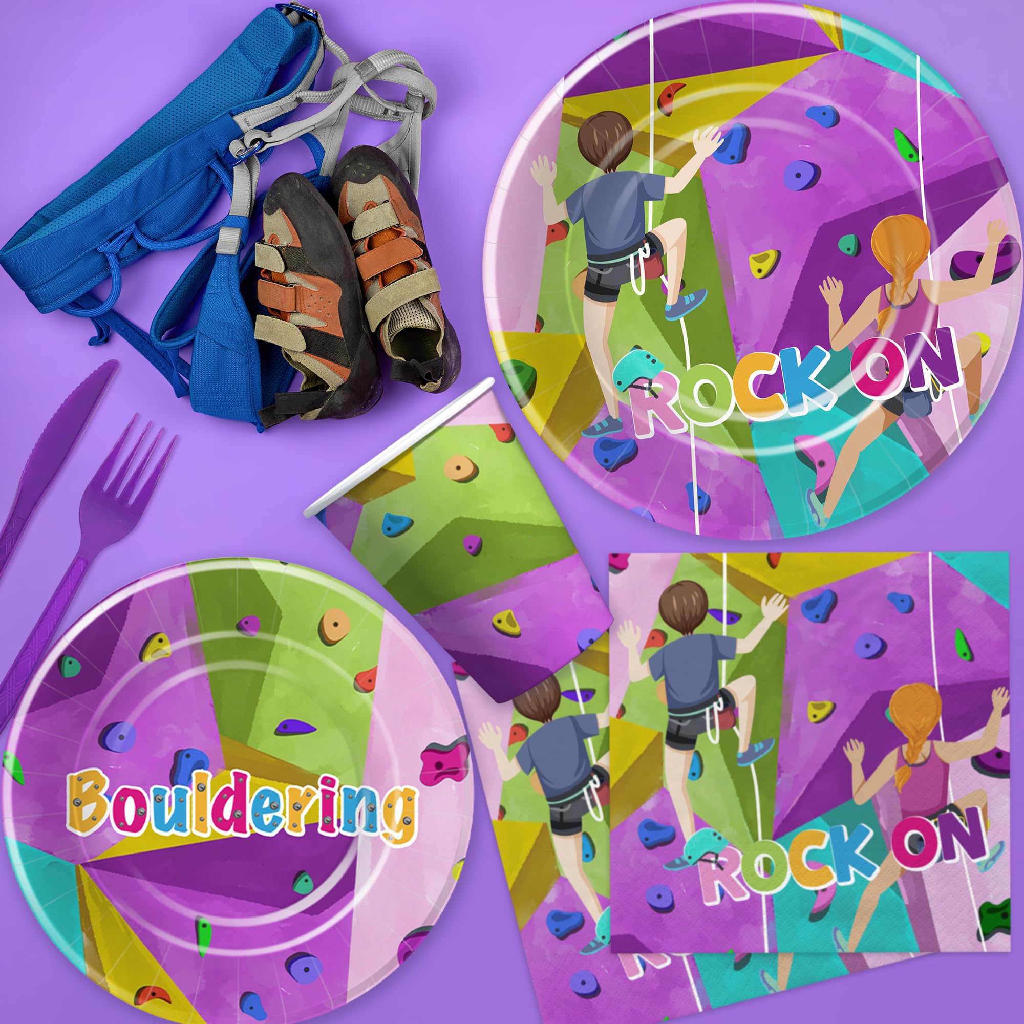 APOWBLS Rock Climbing Birthday Decorations Tableware - Rock Climbing Party Supplies, Paper Plate, Cup, Napkin, Tablecloth, Cutlery, Rock Climbing Camping Adventure Theme Party Decorations | Serve 24