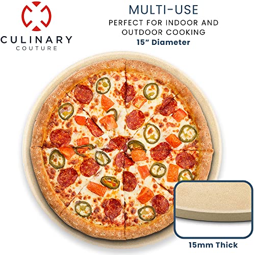 Culinary Couture 15" Round Pizza Stone for Oven and Grill - Cordierite Pizza Stone for Bread, Calzone, Cookies - Oven and Grill Pizza Stone for Outdoor Grill, Stone Pizza Pan for Oven