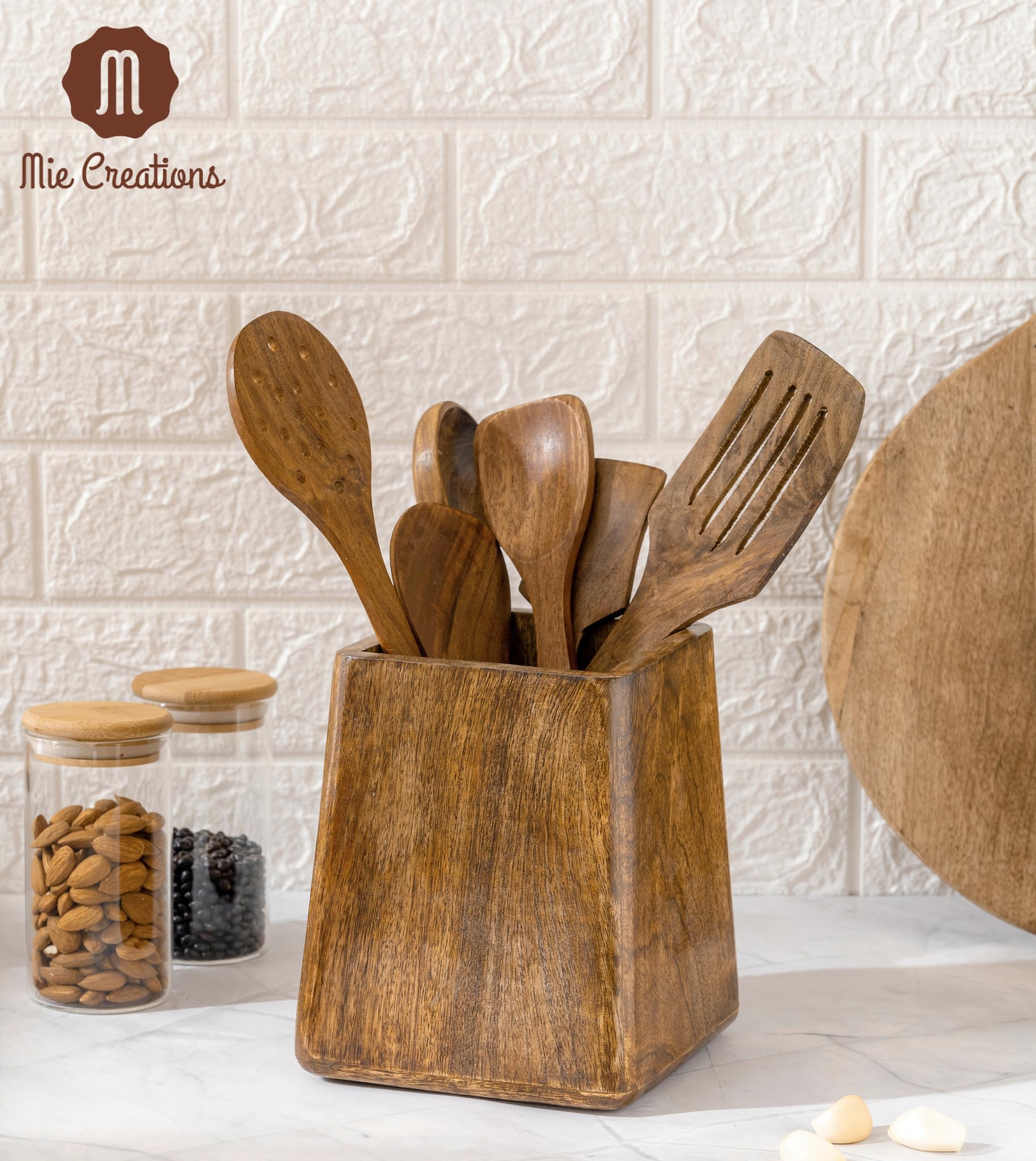 Mie Creations Rustic 7'' Large Utensil Holder Crock for Kitchen Countertop | Thanksgiving Christmas Utensils Crock, Wooden Square Spatula Organizer Caddy for Party, Cooking Counter Decor- Dark Brown