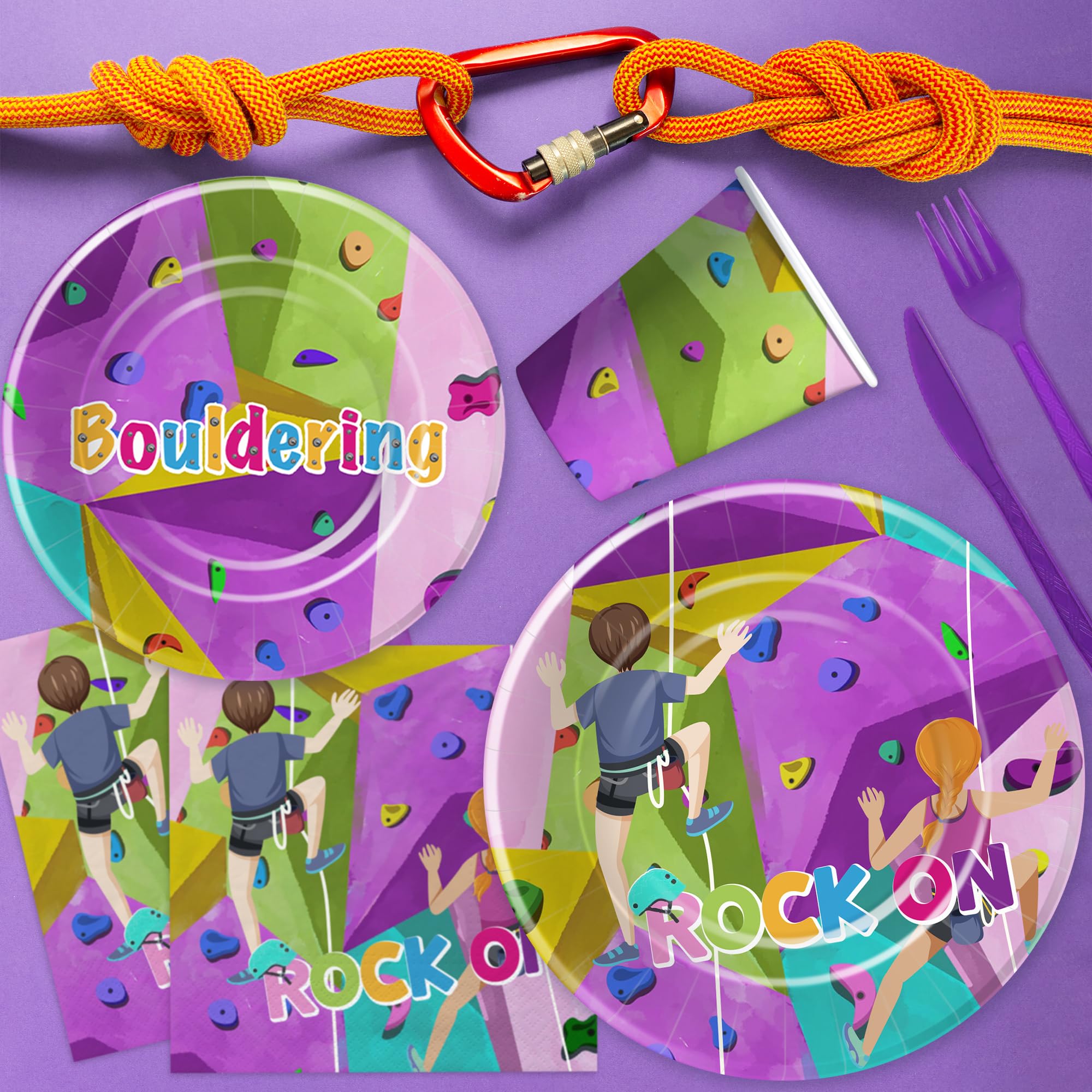APOWBLS Rock Climbing Birthday Decorations Tableware - Rock Climbing Party Supplies, Paper Plate, Cup, Napkin, Tablecloth, Cutlery, Rock Climbing Camping Adventure Theme Party Decorations | Serve 24