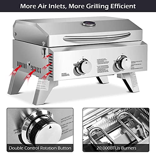 Moccha Stainless Steel Propane TableTop Gas Grill Two-Burner BBQ, with Foldable Leg, 20000 BTU, Perfect For Camping, Picnics or any Outdoor Use, Silver
