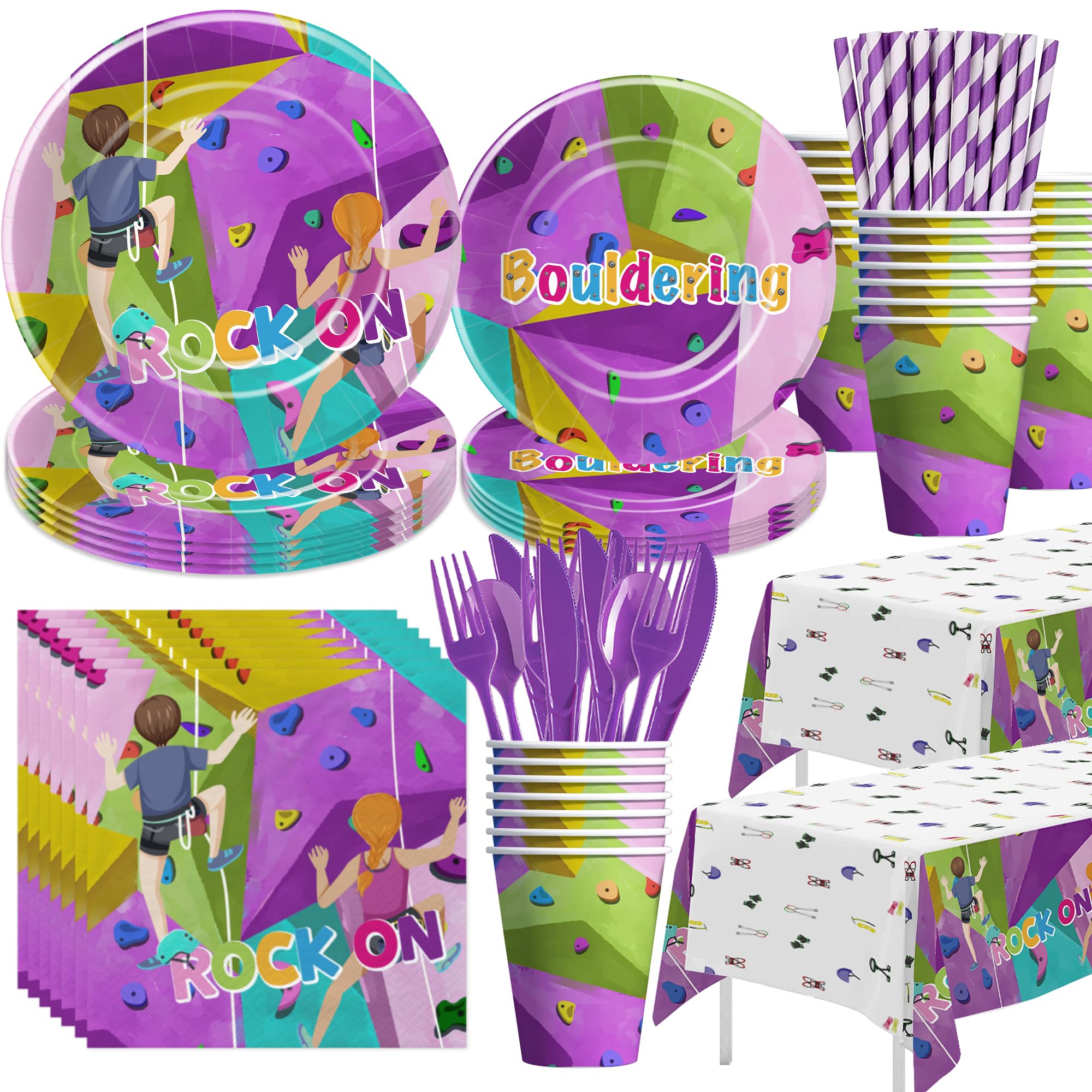 APOWBLS Rock Climbing Birthday Decorations Tableware - Rock Climbing Party Supplies, Paper Plate, Cup, Napkin, Tablecloth, Cutlery, Rock Climbing Camping Adventure Theme Party Decorations | Serve 24