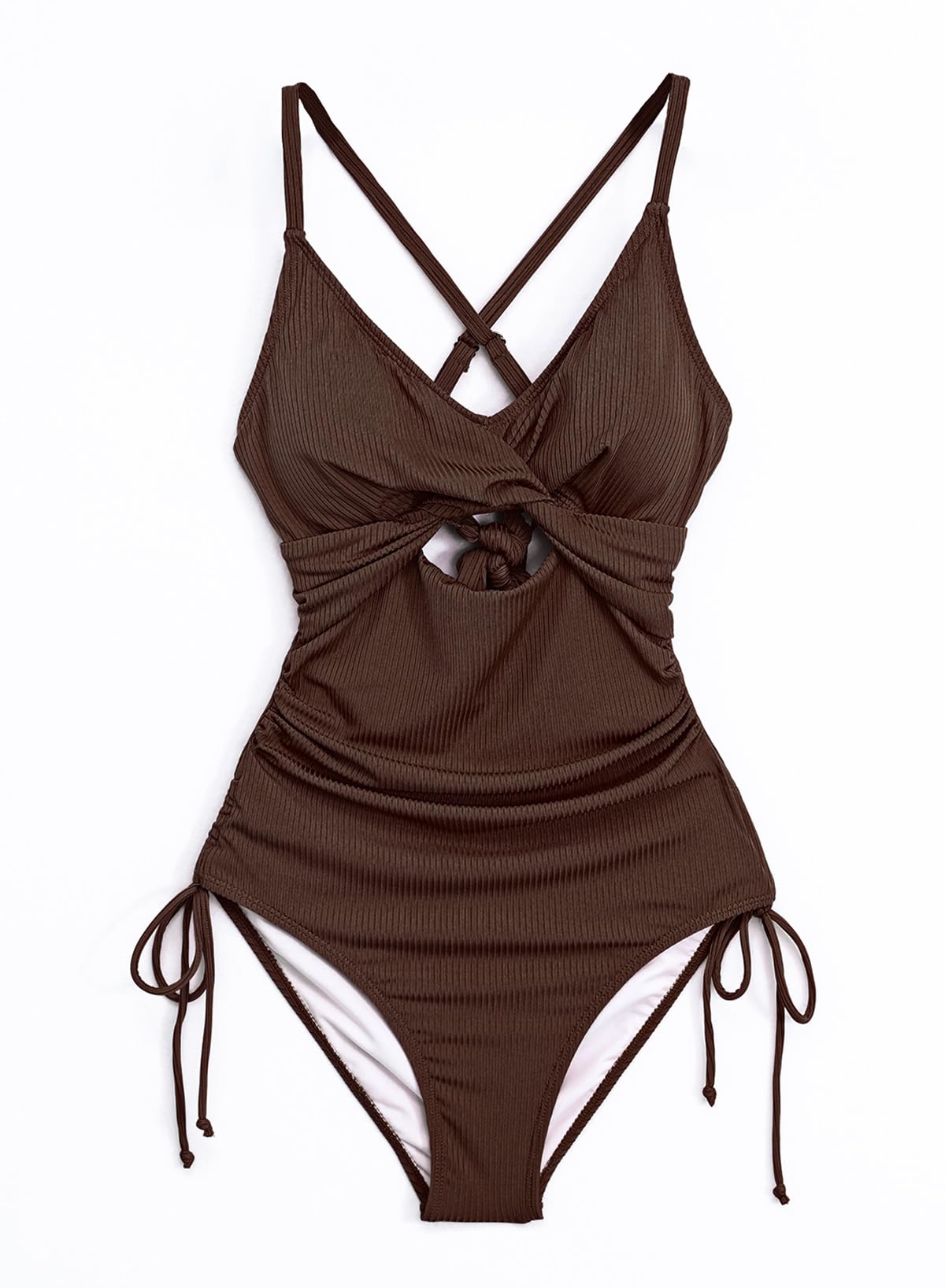 ERASHE Women's Ribbed One Piece Swimsuit Tummy Control High Cut Bathing Suit Sexy V Neck Criss Cross Fashion Monokini (as1, Alpha, l, Regular, Regular, Brown)