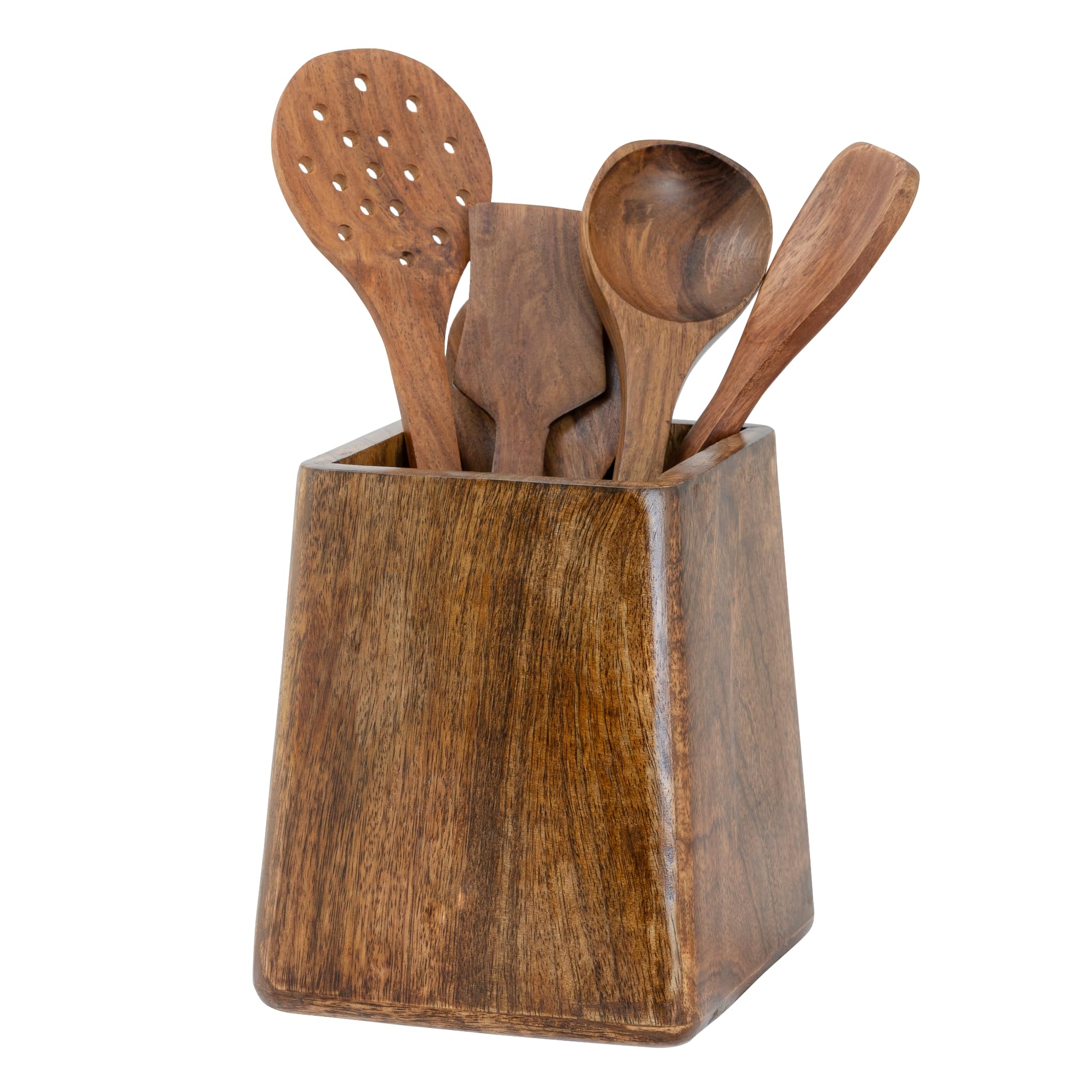 Mie Creations Rustic 7'' Large Utensil Holder Crock for Kitchen Countertop | Thanksgiving Christmas Utensils Crock, Wooden Square Spatula Organizer Caddy for Party, Cooking Counter Decor- Dark Brown