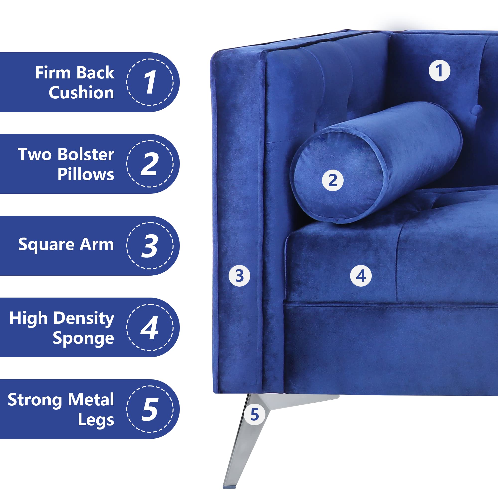 wirrytor Mid-Century Velvet Chesterfield Sofa Couch, Modern LoveSeats Sofa Furniture, Upholstered Button Tufted Couch with 2 Bolster Pillows for Living Room Apartment (Blue)