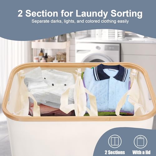 Laundry Hamper 2 Section, 160L Extra Large Laundry Basket with Lid, Double Hampers with 2 Removable Bags for Bathroom, Bedroom, Home, Toy Organizer, Beige