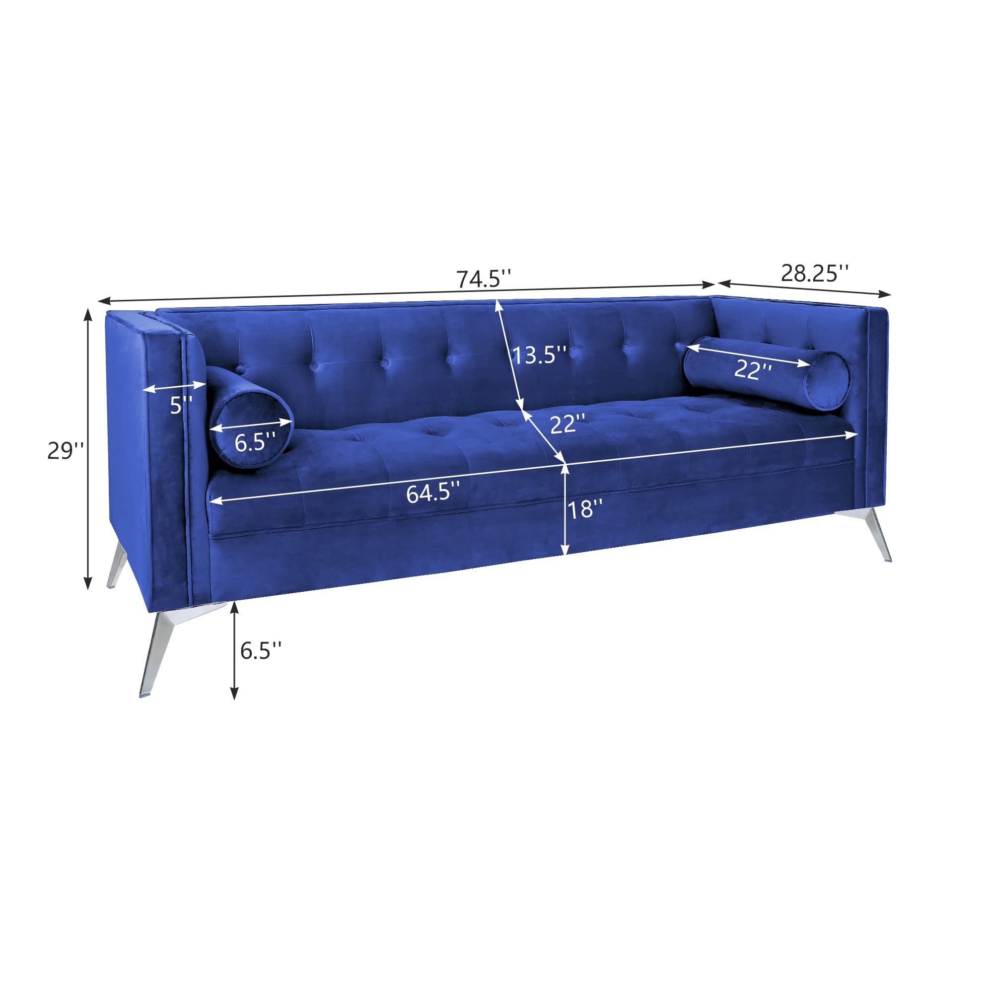 wirrytor Mid-Century Velvet Chesterfield Sofa Couch, Modern LoveSeats Sofa Furniture, Upholstered Button Tufted Couch with 2 Bolster Pillows for Living Room Apartment (Blue)