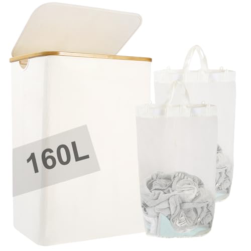 Laundry Hamper 2 Section, 160L Extra Large Laundry Basket with Lid, Double Hampers with 2 Removable Bags for Bathroom, Bedroom, Home, Toy Organizer, Beige
