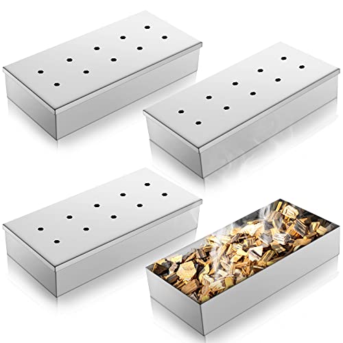 4 Pieces Smoker Box for Gas Grilling Stainless Steel Metal Grill Smoker Box BBQ Smoker Box Top Meat Smokers Box in Barbecue Grilling Accessories for Charcoal and Gas Grills, Add Smokey BBQ Flavor