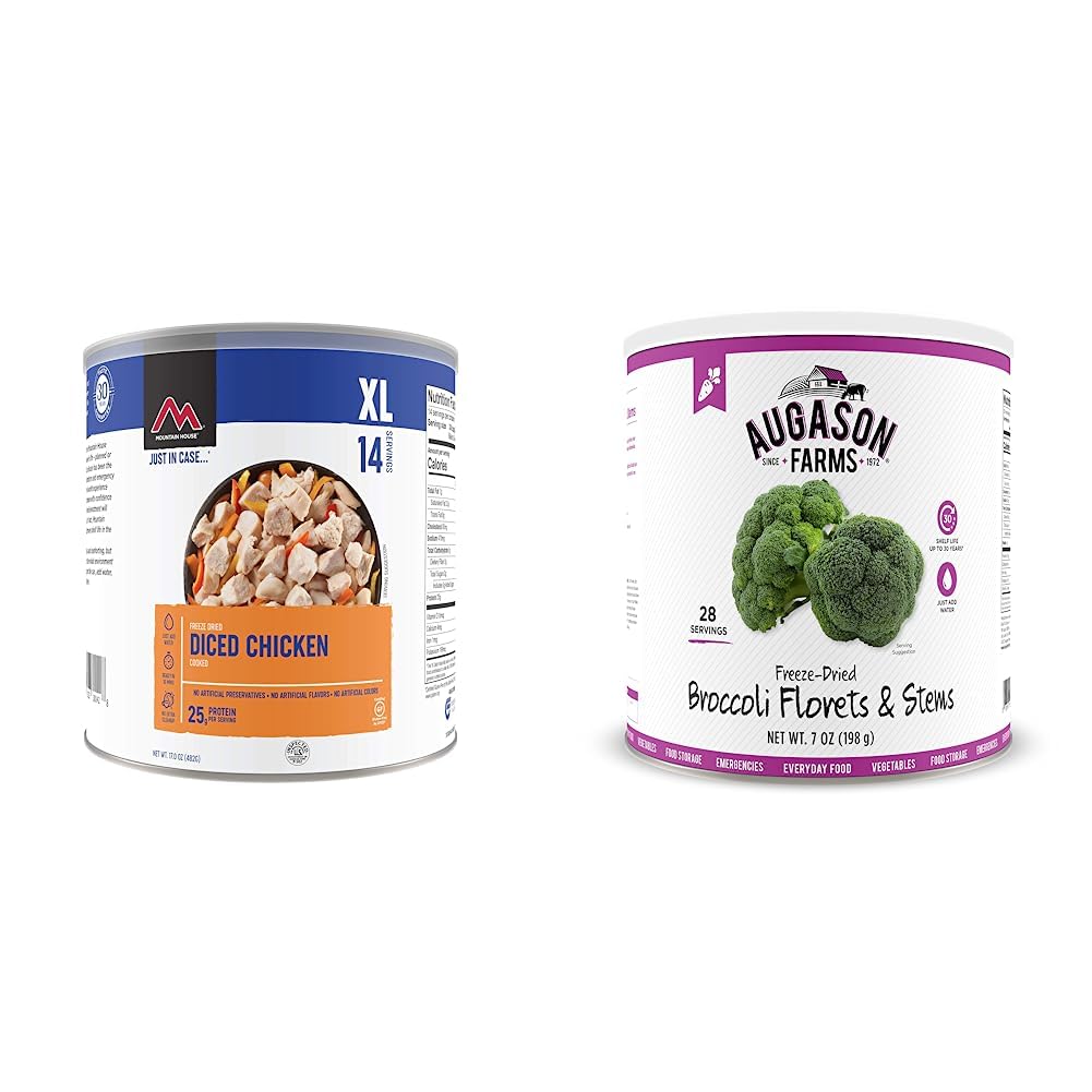 Mountain House Cooked Diced Chicken | Freeze Dried Survival & Emergency Food | #10 Can | Gluten-Free, 30235-Parent & Augason Farms Freeze Dried Broccoli Florets & Stems 7 oz No. 10 Can