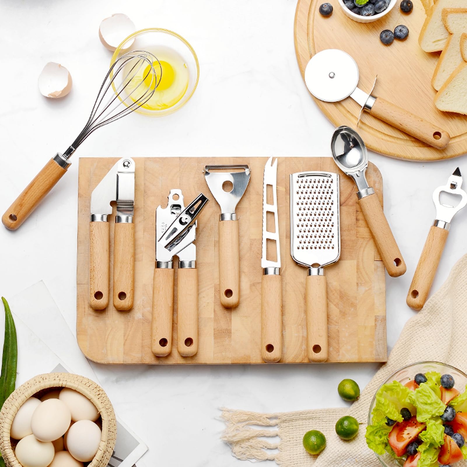 Bapocsc 9 pcs Kitchen Gadgets & Kitchen Tool Gift Set Kitchen Essentials(Can opener,Ice scream scoop,Peeler,Pizza cutter,Garlic press,Cheese grater,Whisk,Cheese knife,Bottel opener)