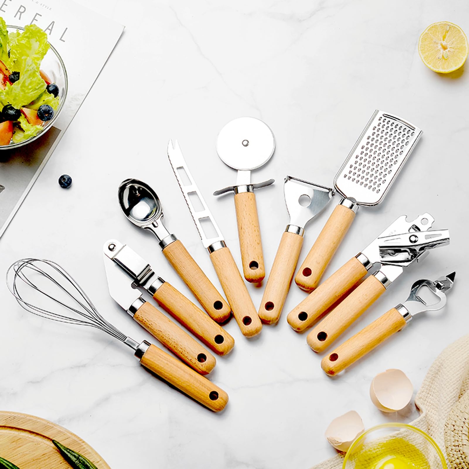 Bapocsc 9 pcs Kitchen Gadgets & Kitchen Tool Gift Set Kitchen Essentials(Can opener,Ice scream scoop,Peeler,Pizza cutter,Garlic press,Cheese grater,Whisk,Cheese knife,Bottel opener)