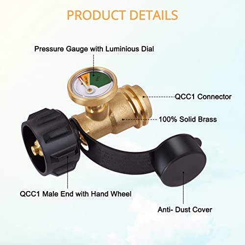 GASLAND Propane Tank Gauge Level Indicator, ACME/QCC1/Type1 Propane Adapter Fittings with Gauge, Propane Meter Universal for Propane Cylinder, RV Camper, BBQ Gas Grill, Heater