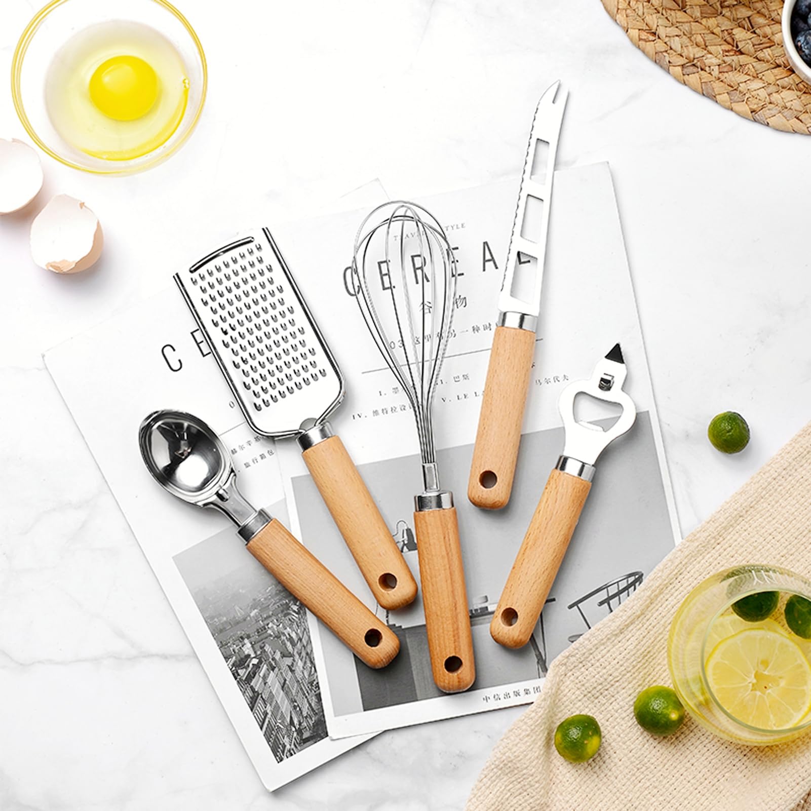 Bapocsc 9 pcs Kitchen Gadgets & Kitchen Tool Gift Set Kitchen Essentials(Can opener,Ice scream scoop,Peeler,Pizza cutter,Garlic press,Cheese grater,Whisk,Cheese knife,Bottel opener)