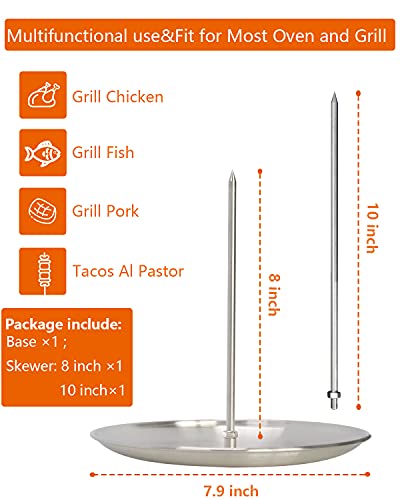 BBQ Vertical Skewer for Al Pastor Brazilian Barbecue Skewers Hack Gaucho,Great for Home Made Tacos Al Pastor, Shawarma, Brazilian Churrasco,Stainless Steel,with 8 inch & 10 inch stick