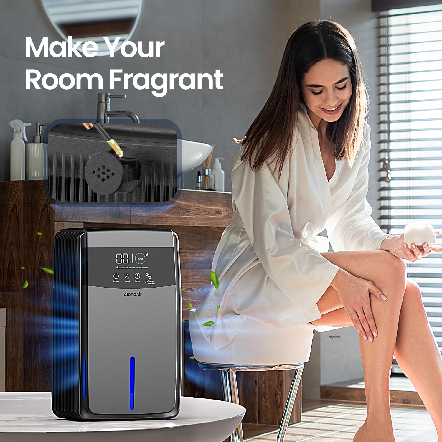 AlohaAir Dehumidifier for Home with Drain Hose, 95 OZ Dehumidifiers for Room, Quiet, Aromatherapy, Timer, Auto Shut-off, Dehumidifiers for Bathroom, Bedroom, Closet, RV & Basement