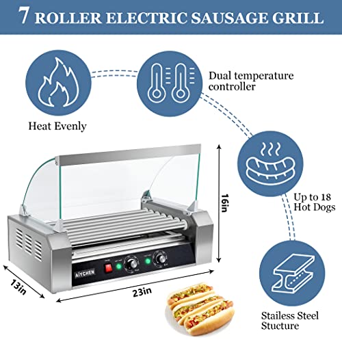Hot Dog Roller Machine Electric Grill Cooker Machine with Glass Cover 18 Hot Dog Capacity 7 Roller Grill Machine for Commercial Grade Household 120V 900W (7 Roller Grill)