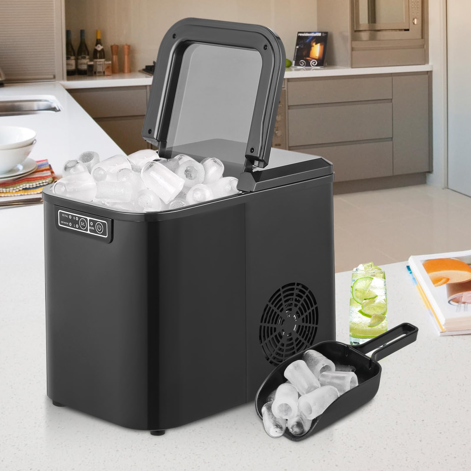 Magshion Ice Maker Countertop with Self-Cleaning, 26lbs/24H, Bullet-Shaped Ice (2 Sizes), Digital Display & Timer, 1.8lbs Ice Storage Capacity, Ice Cube Maker Machine for Home & Kitchen (Black)