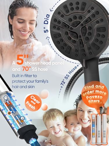 Pavezo Handheld High Pressure Shower Head with Filter 5" Large, Extra Long 70" SS Hose 10-mode Detachable Shower Head with Hard Water Filter, Powerful to Clean Tile & Pets, Oil Brushed Bronze