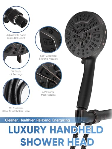 Pavezo Handheld High Pressure Shower Head with Filter 5" Large, Extra Long 70" SS Hose 10-mode Detachable Shower Head with Hard Water Filter, Powerful to Clean Tile & Pets, Oil Brushed Bronze