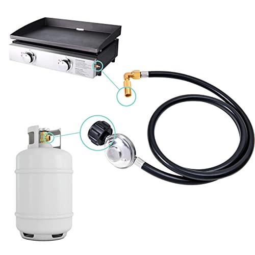 KTUOPEE 6 Feet Low Pressure Propane Adapter Hose with Regulator for Blackstone 17" and 22" Tabletop Flat Top Griddle, QCC1 Universal Grill Regulator Replacement Parts with Solid Brass Elbow Adaptor
